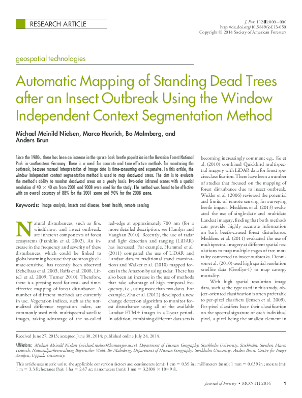(PDF) Automatic mapping of standing dead trees after an insect outbreak ...