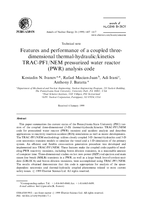 (PDF) Features and performance of a coupled three-dimensional thermal-hydraulic/kinetics TRAC ...