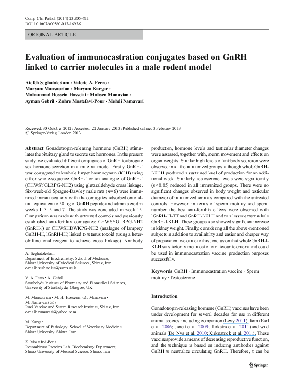 (PDF) Evaluation of immunocastration conjugates based on GnRH linked to ...