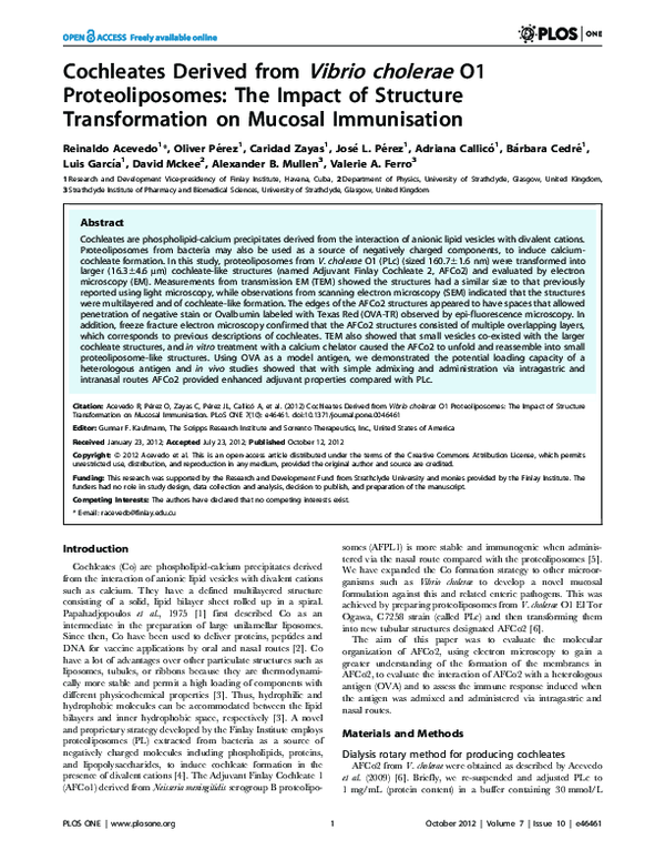 (PDF) Cochleates Derived from Vibrio cholerae O1 Proteoliposomes: The ...