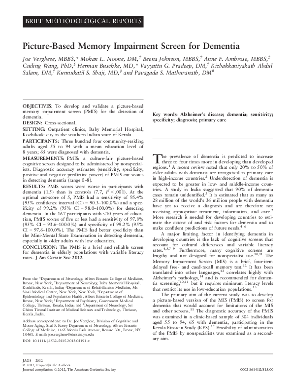 (PDF) Picture-Based Memory Impairment Screen for Dementia