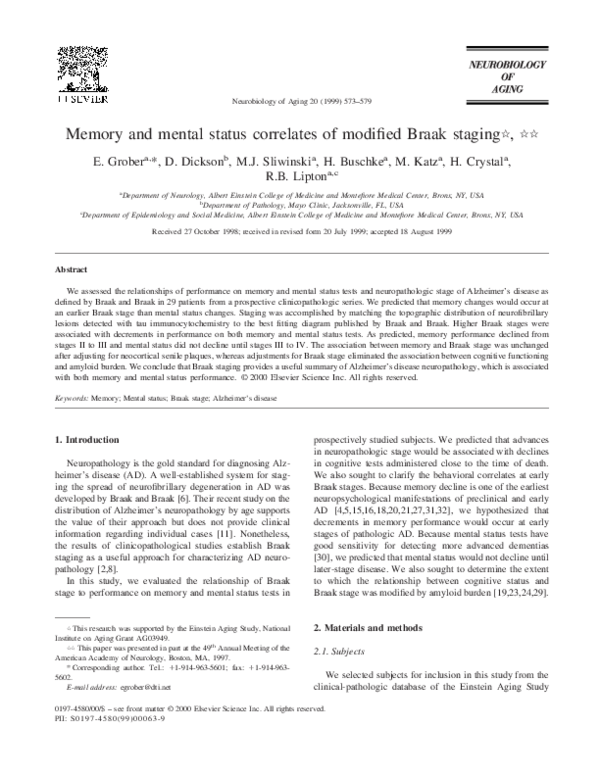 (PDF) Memory and mental status correlates of modified Braak staging