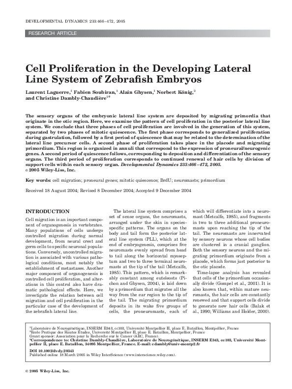 (PDF) Cell proliferation in the developing lateral line system of ...
