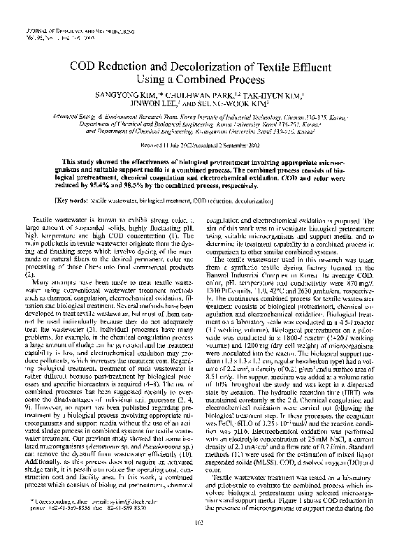 Pdf Cod Reduction And Decolorization Of Textile Effluent Using A