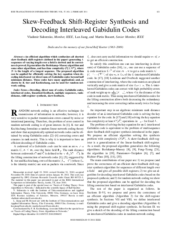 (PDF) Skew-Feedback Shift-Register Synthesis and Decoding Interleaved Gabidulin Codes
