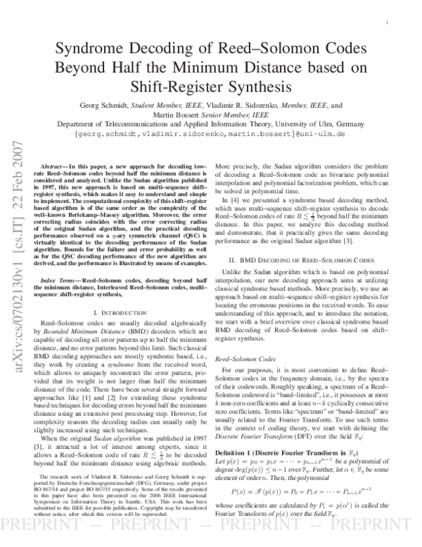 Pdf Syndrome Decoding Of Reed Solomon Codes Beyond Half The Minimum Distance Based On Shift
