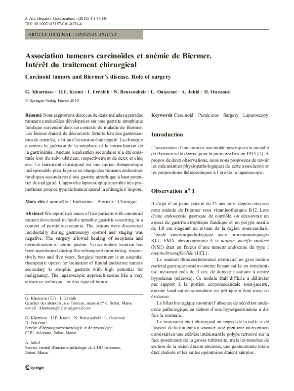 (PDF) Association tumeurs carcinoïdes et anémie de Biermer. Intérêt du ...
