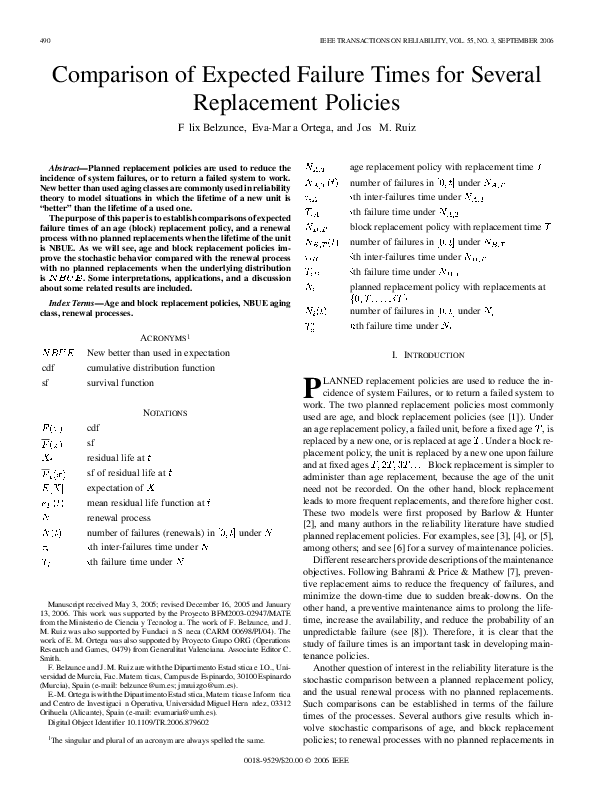 (PDF) Comparison of Expected Failure Times for Several Replacement Policies