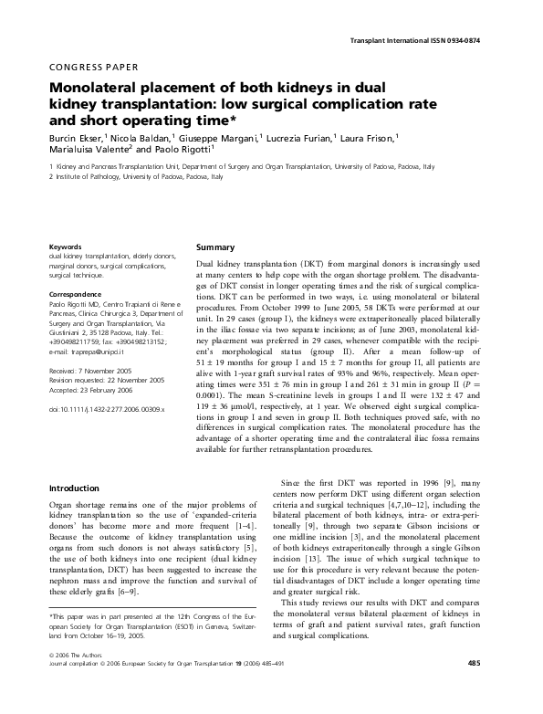 (PDF) Monolateral placement of both kidneys in dual kidney ...