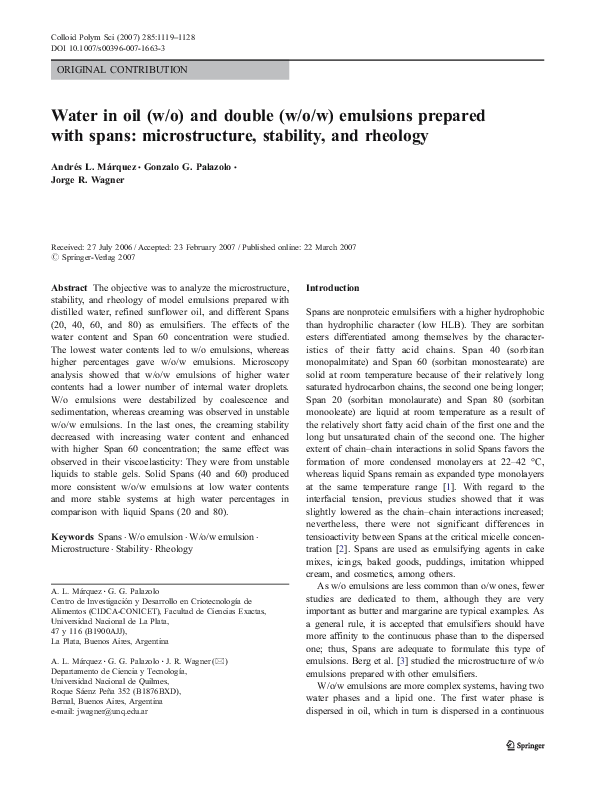 (PDF) Water in oil (w/o) and double (w/o/w) emulsions prepared with ...