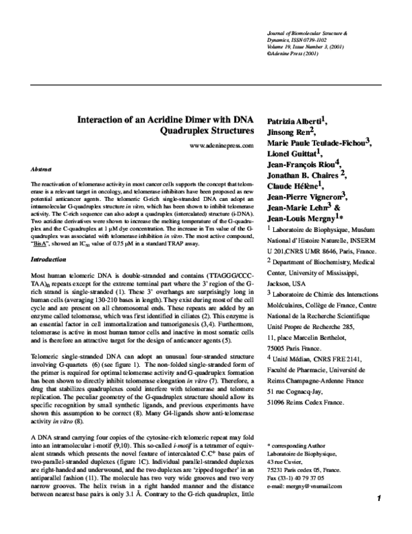 (PDF) Interaction of an Acridine Dimer with DNA Quadruplex Structures