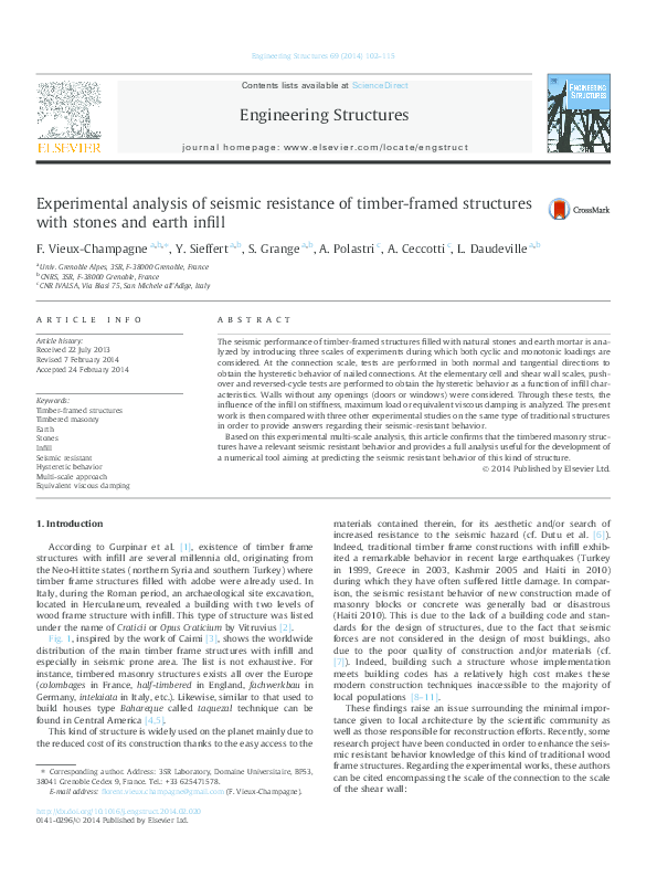 (PDF) Experimental analysis of seismic resistance of timber-framed structures with stones and ...