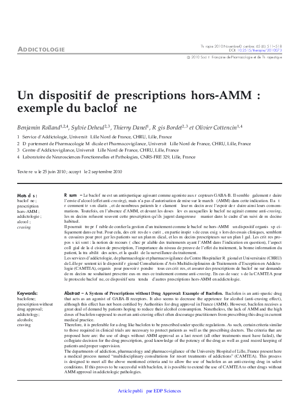 (PDF) Un dispositif de prescriptions hors-AMM : exemple du baclofène