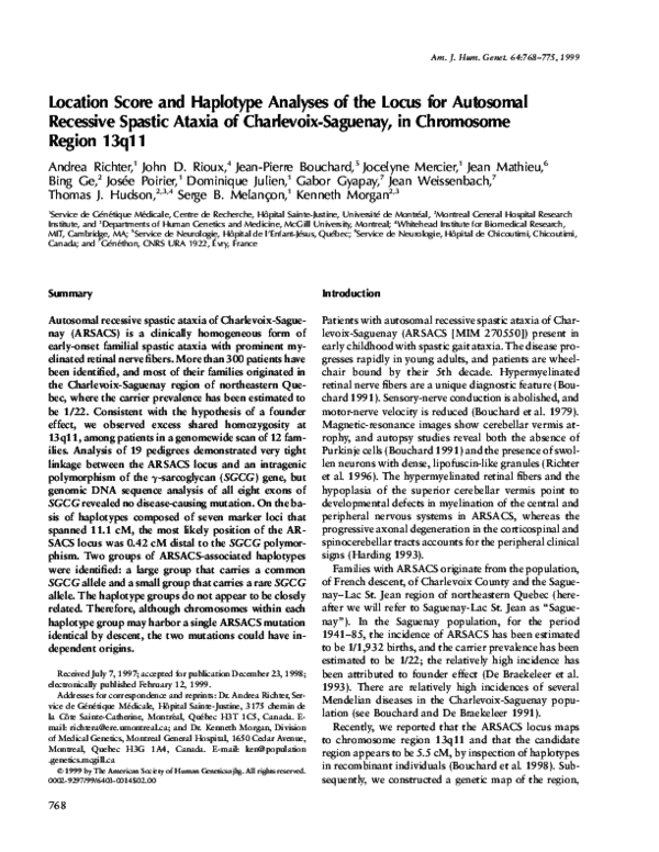 (PDF) Autosomal recessive spastic ataxia of Charlevoix-Saguenay (ARSACS): typical clinical and ...