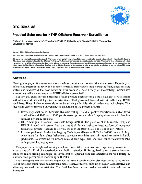 (PDF) Practical Solutions for HTHP Offshore Reservoir Surveillance