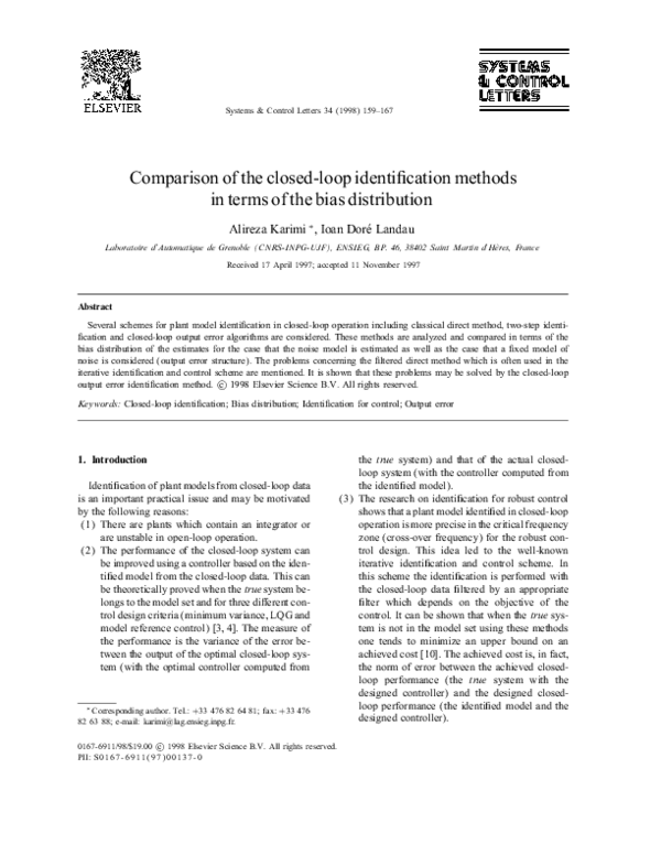 Pdf Comparison Of The Closed Loop Identification Methods In Terms Of The Bias Distribution
