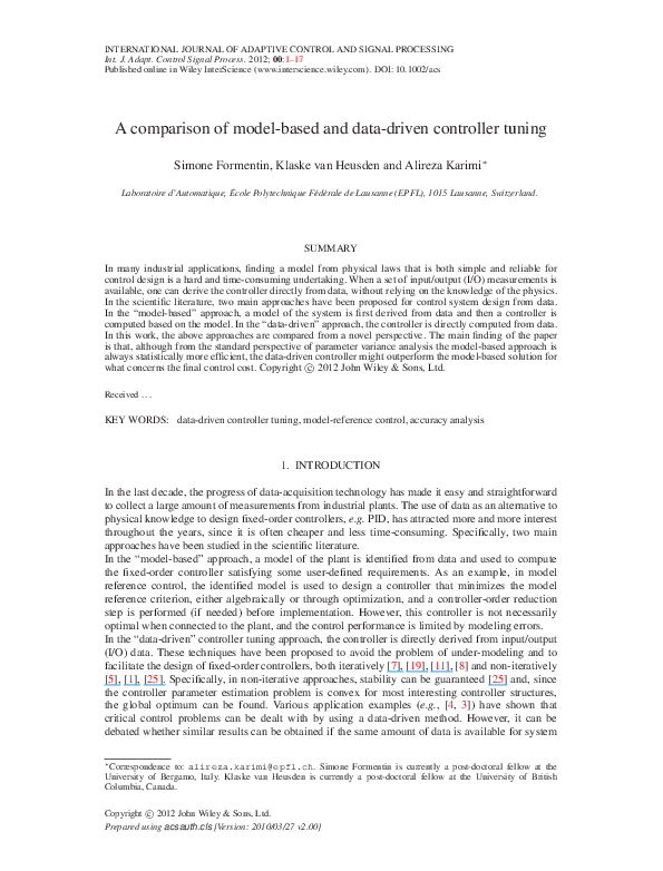 Pdf A Comparison Of Model‐based And Data‐driven Controller Tuning