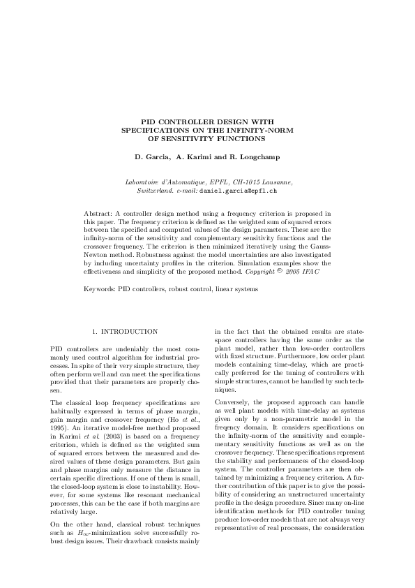 (PDF) PID controller design with specifications on the infinity-norm of sensitivity functions