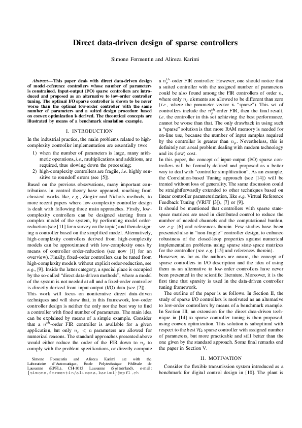 Pdf Direct Data Driven Design Of Sparse Controllers