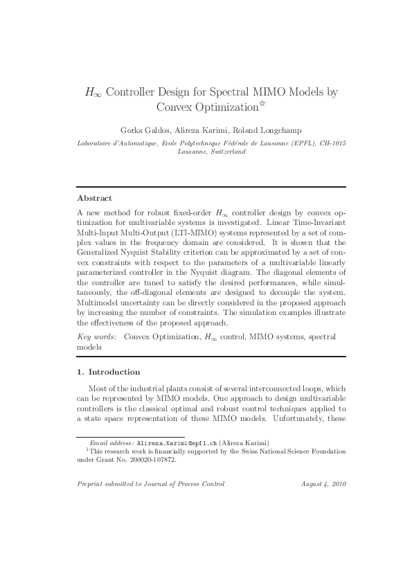 Pdf H∞ Controller Design For Spectral Mimo Models By Convex Optimization