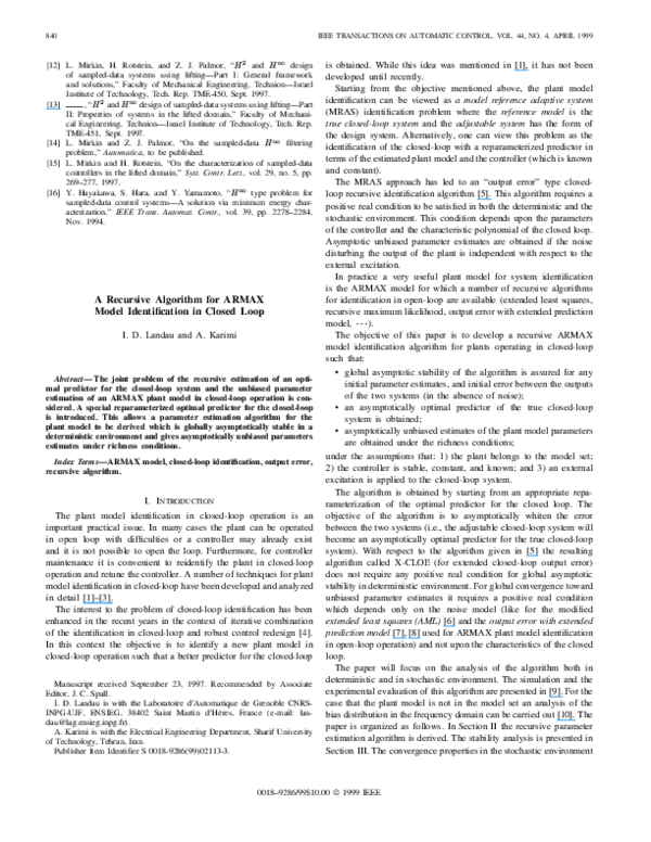 Pdf A Recursive Algorithm For Armax Model Identification In Closed Loop