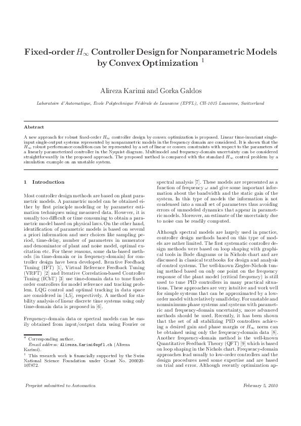 (PDF) Fixed-order controller design for nonparametric models by convex optimization