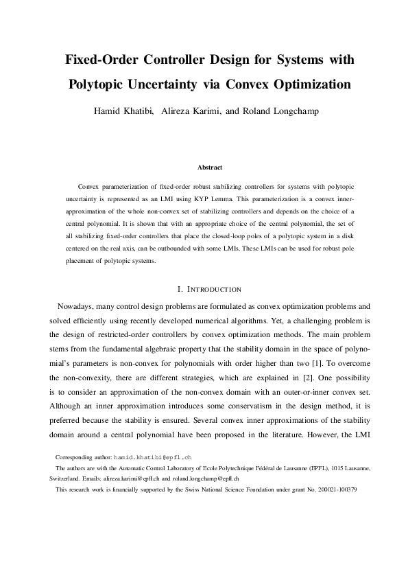 Pdf Fixed Order Controller Design For Polytopic Systems Using Lmis