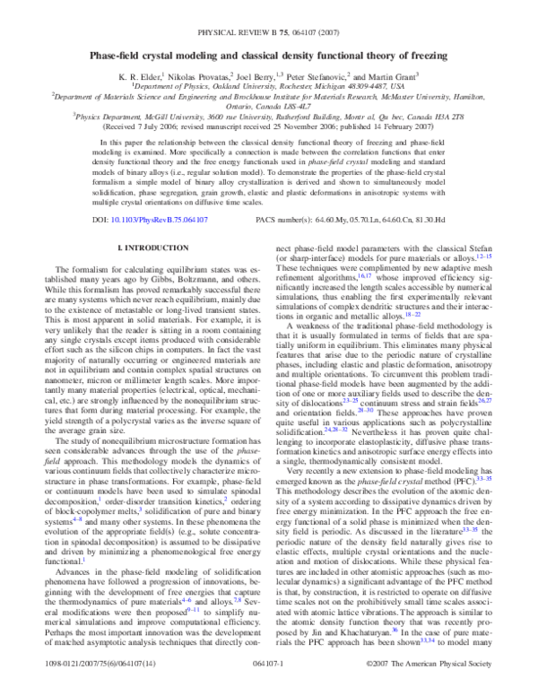 (PDF) Density functional theory of freezing and phase field crystal modeling