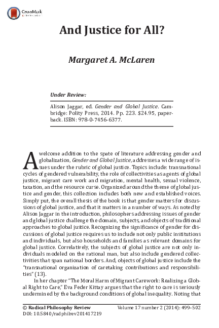 (PDF) And Justice for All (review of Gender and Global Justice, Ed ...