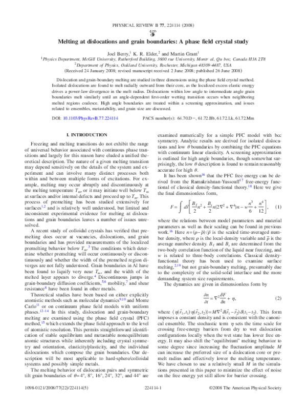(PDF) Melting at dislocations and grain boundaries: A phase field ...