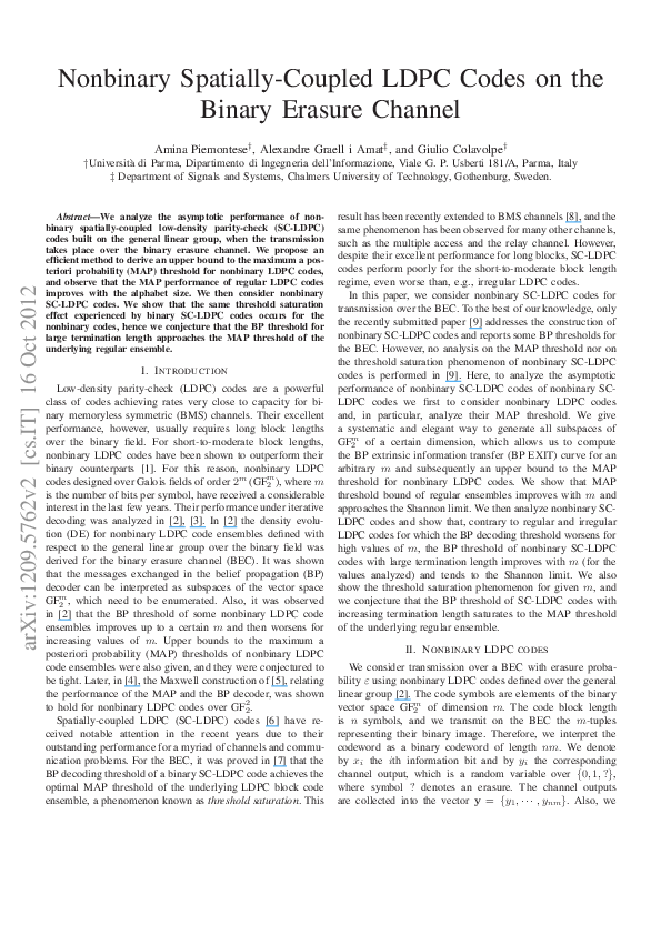 (PDF) Nonbinary spatially-coupled LDPC codes on the binary erasure channel