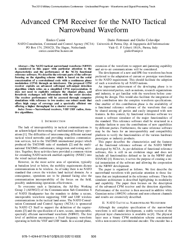(PDF) Advanced CPM receiver for the NATO tactical narrowband waveform ...