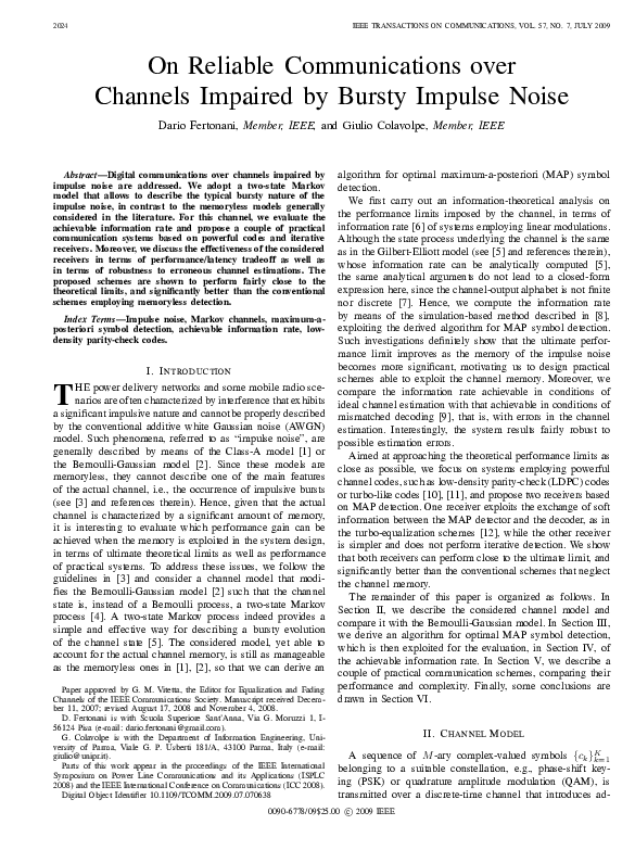 (PDF) On reliable communications over channels impaired by bursty impulse noise