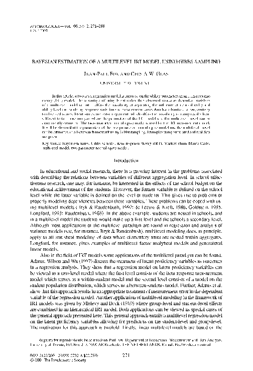 Pdf Bayesian Estimation Of A Multilevel Irt Model Using Gibbs Sampling