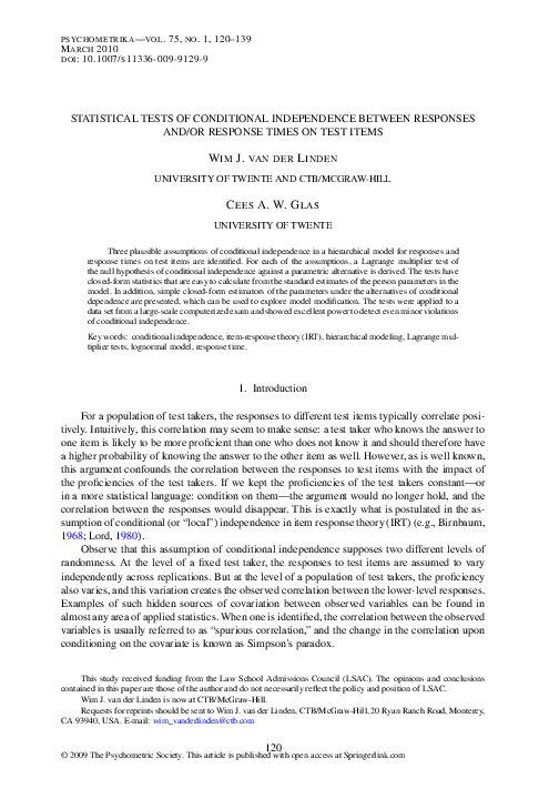 Pdf Statistical Tests Of Conditional Independence Between Responses Andor Response Times On