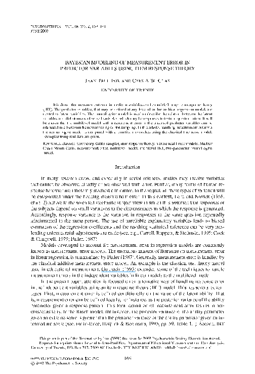 Pdf Bayesian Modeling Of Measurement Error In Predictor Variables