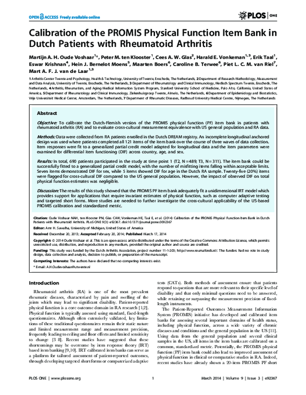 (PDF) Calibration of the PROMIS Physical Function Item Bank in Dutch ...