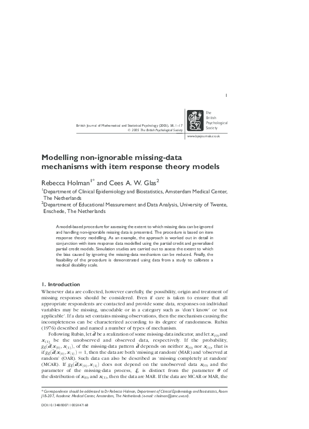 (PDF) Modelling non-ignorable missing-data mechanisms with item response theory models