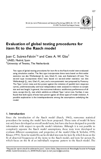 (PDF) Evaluation of global testing procedures for item fit to the Rasch ...