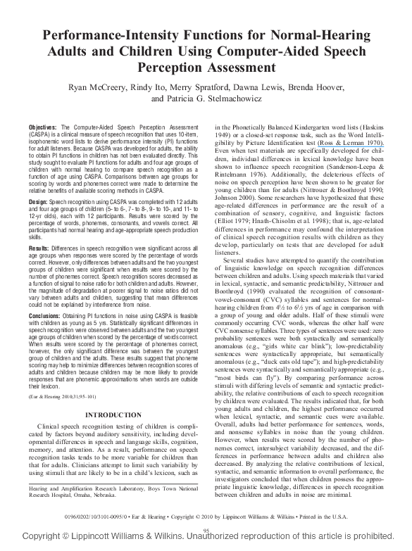 (PDF) Performance-Intensity Functions for Normal-Hearing Adults and ...