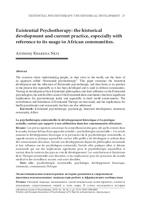 existential Psychotherapy: the historical development and current ...