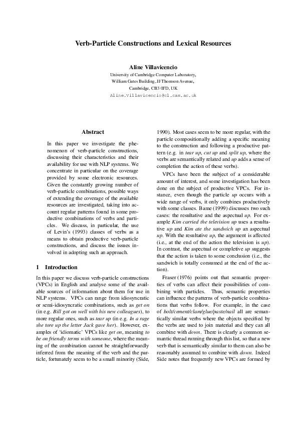 (PDF) Verb-Particle Constructions and Lexical Resources