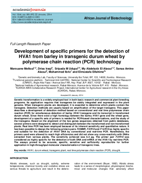 (PDF) African Journal of Biotechnology Development of specific primers ...