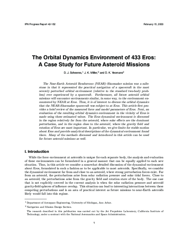 (PDF) The Orbital Dynamics Environment of 433 Eros: A Case Study for ...