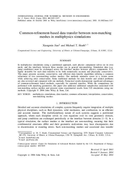 (PDF) Common-refinement-based data transfer between non-matching meshes in multiphysics simulations