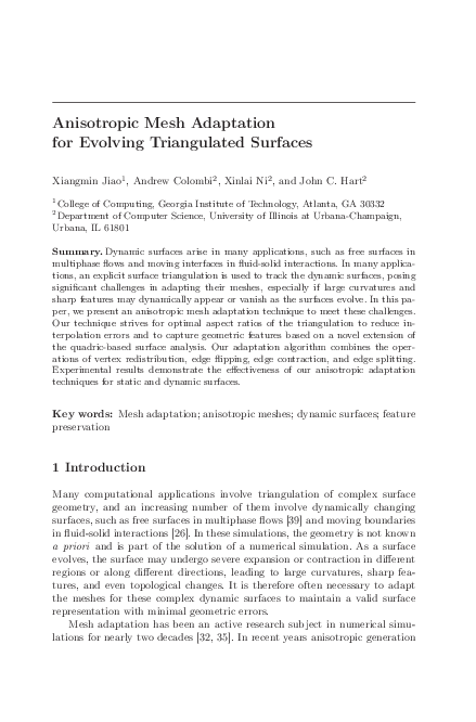 (PDF) Anisotropic mesh adaptation for evolving triangulated surfaces