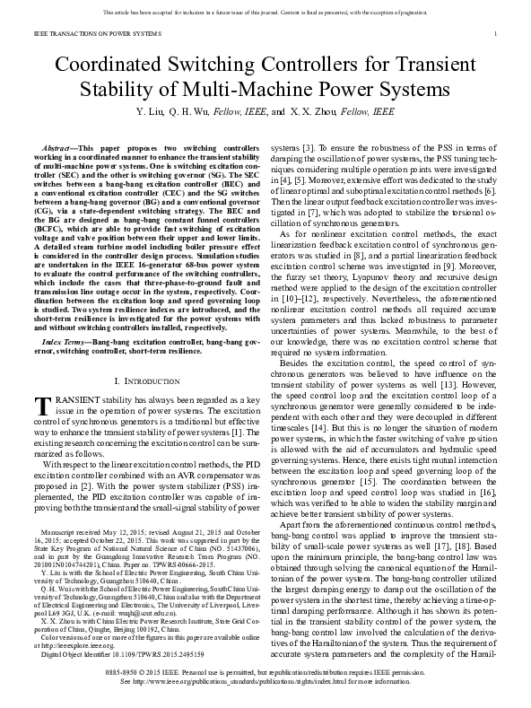 (PDF) Coordinated Switching Controllers for Transient Stability of ...
