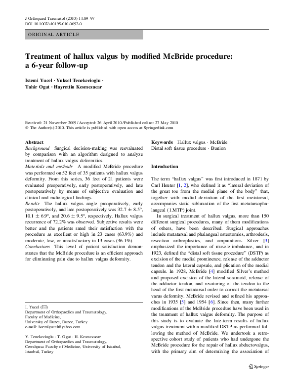 (PDF) Treatment of hallux valgus by modified McBride procedure: a 6 ...