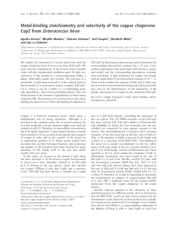 (PDF) Metal-binding stoichiometry and selectivity of the copper ...