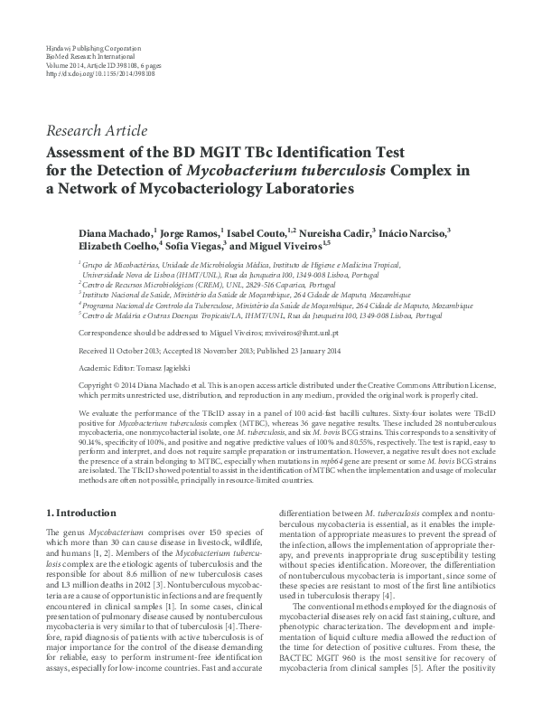 (PDF) Assessment of the BD MGIT TBc Identification Test for the ...